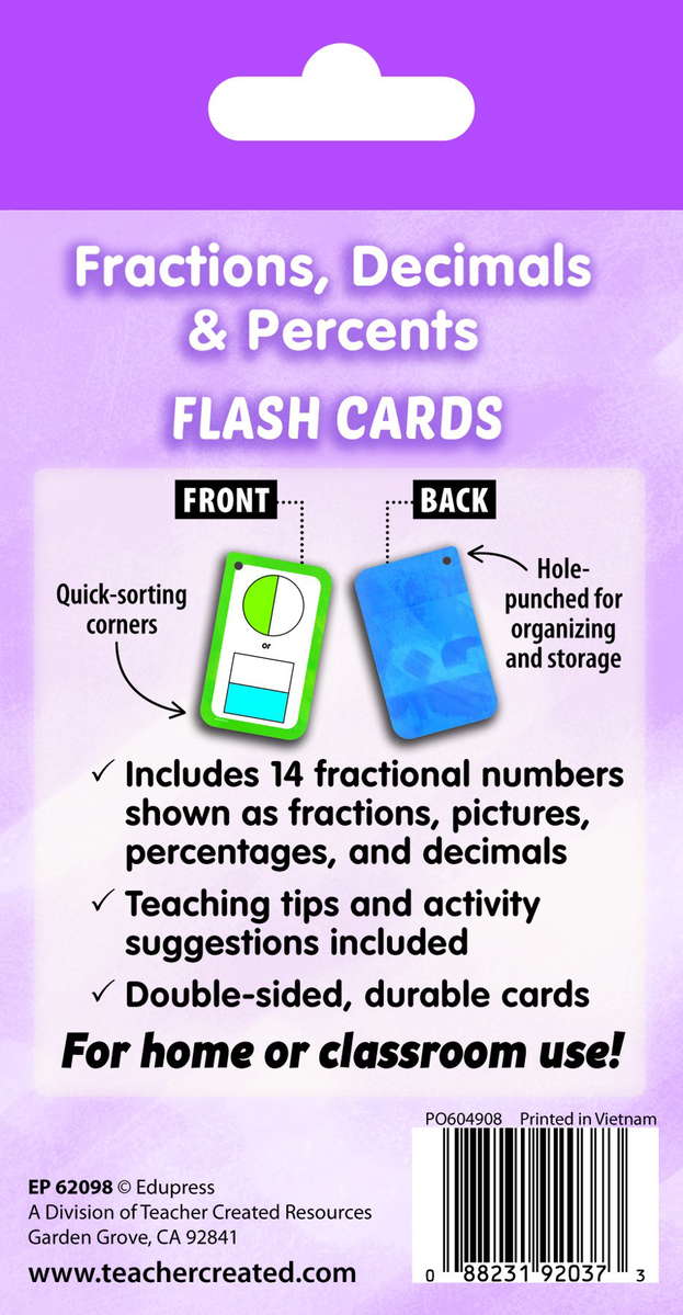 Fractions, Decimals & Percents Flash Cards EP-62098